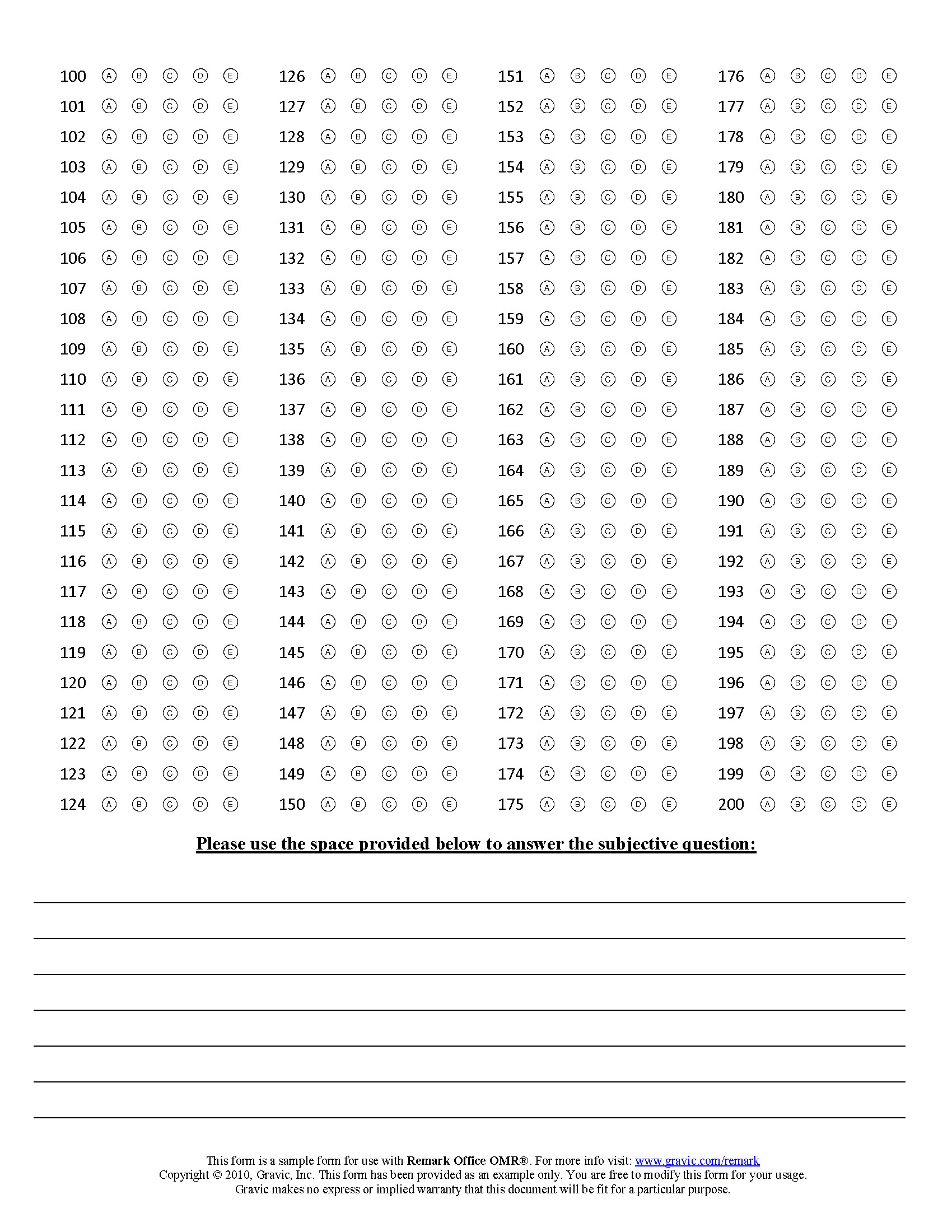 200 Question Test Answer Sheet with Subjective Question · Remark Software 200 Question Test Answer Sheet with Subjective Question · Remark Software